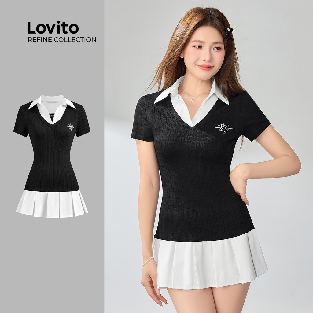 (Lovito Refine) Casual Patchwork Pleated Fake 2 In 1 Embroidery Dress ...