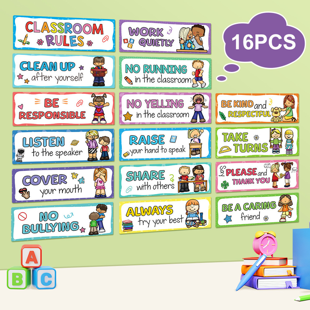 16Pcs Classroom Rules English Posters for Kids Children Kindergarten ...