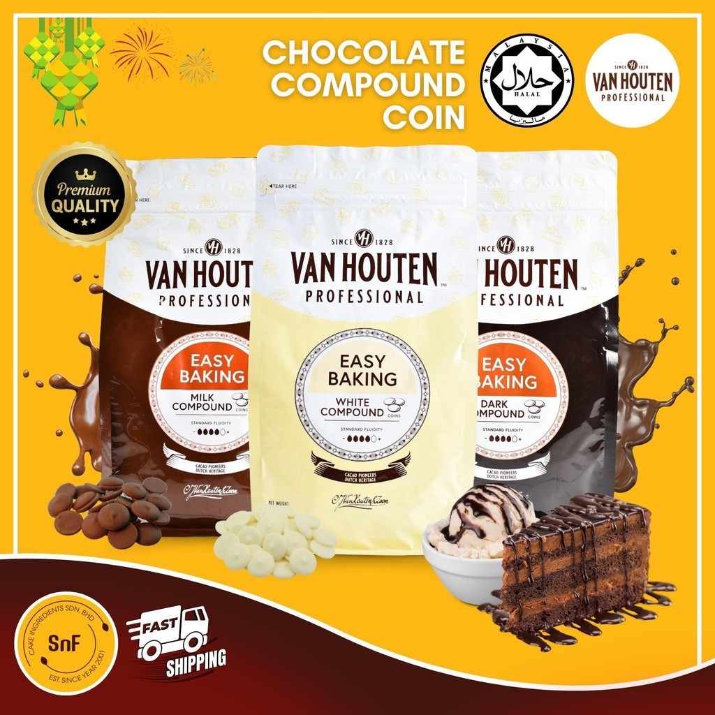 Van Houten Professional Compound Coins Easy Baking Dark Milk White Chocolate Halal 1kg | Shopee ...