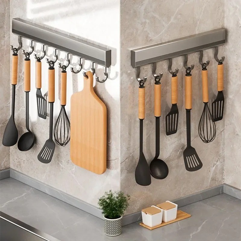 Wall Mounted Adjustable Hooks Rack, No-Punching Wall Hangers Rail ...