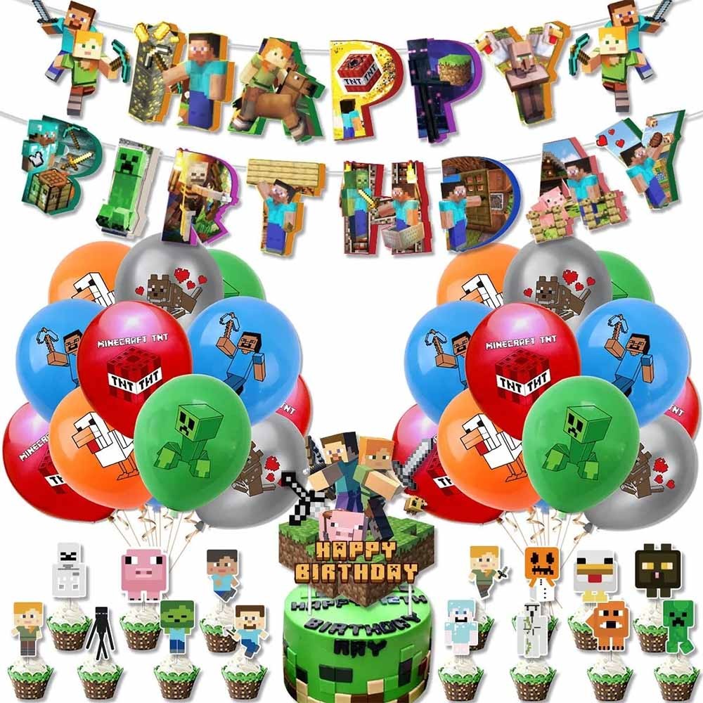 Minecraft Theme Party Supply Decoration Set Birthday Banner Cake Topper ...