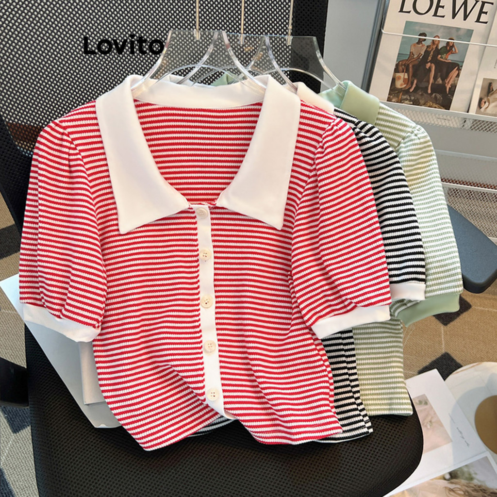 Lovito Casual Striped Button Front T-Shirt for Women LNE37034 (Red ...
