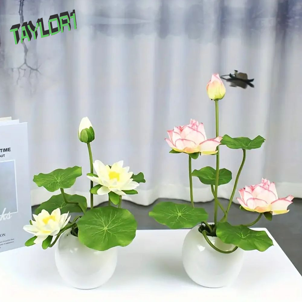 TAYLOR1 Lotus Small Bonsai, Ceramic Basin Mini Simulation Lotus Leaf ...