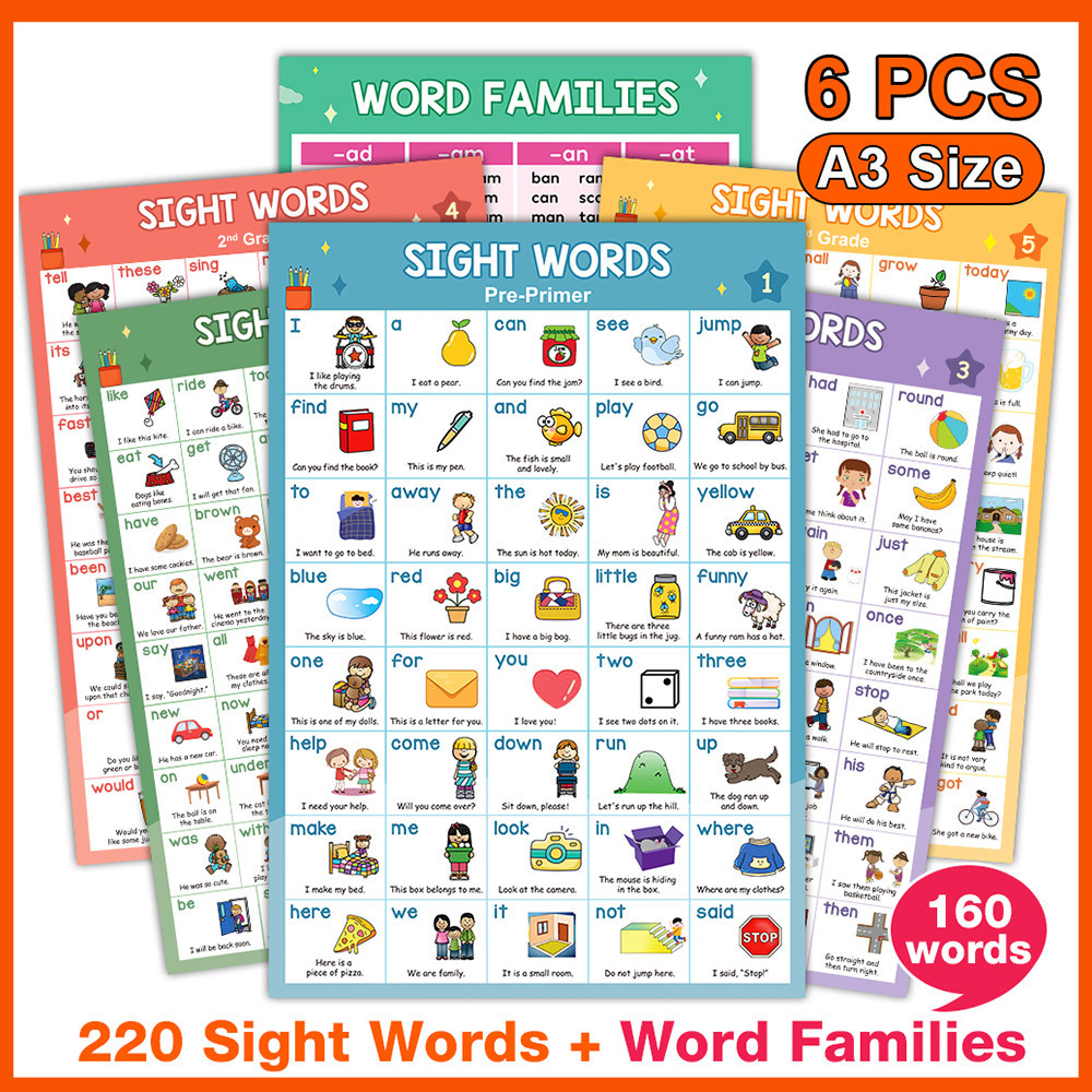 6 pcs Educational Posters Sight Words and Word Families A3 Posters ...