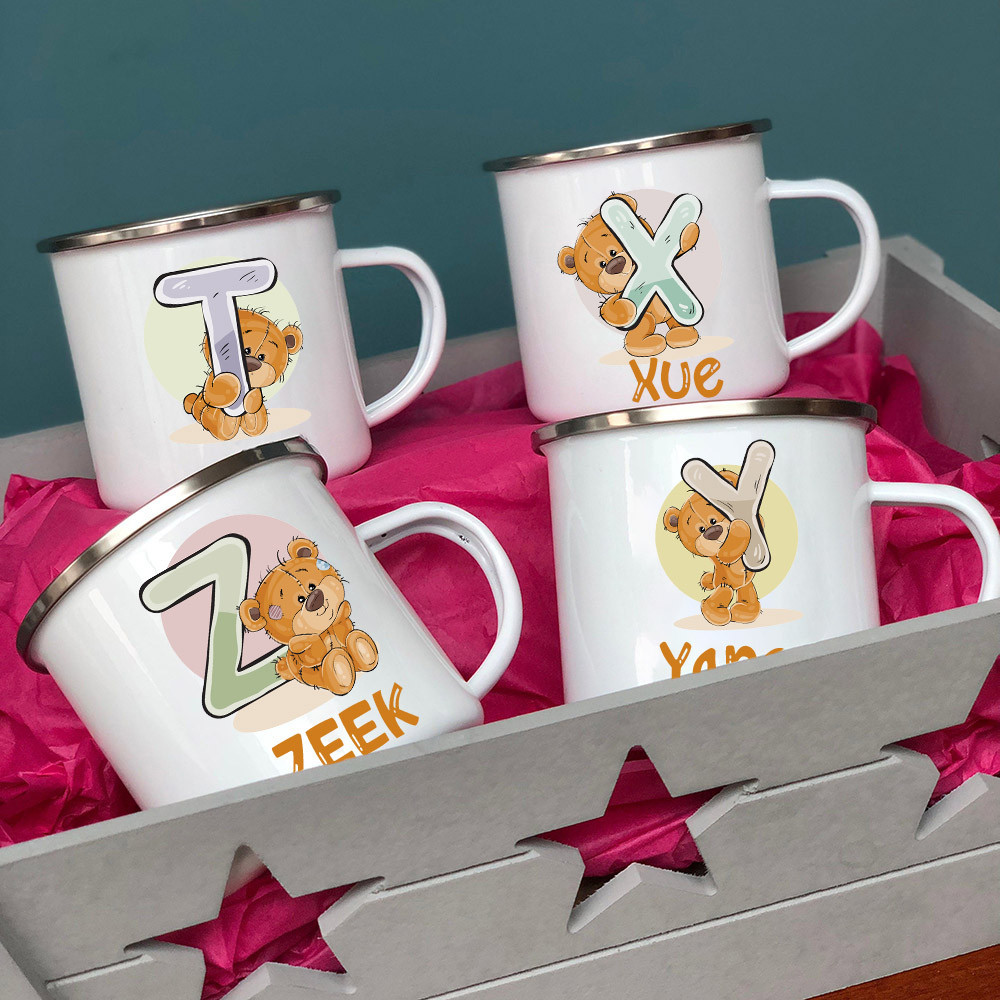 Personalised Initial with Name Cute Bears Enamel Mug Cartoon Mug Water ...