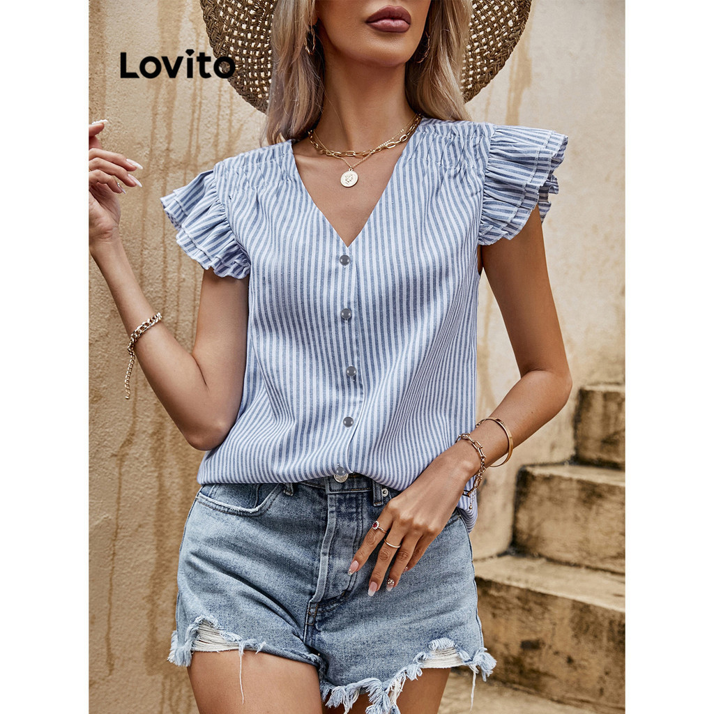 Lovito Casual Striped Ruffle Button Front Blouse for Women LNL34072 (White/Blue) | Shopee Singapore