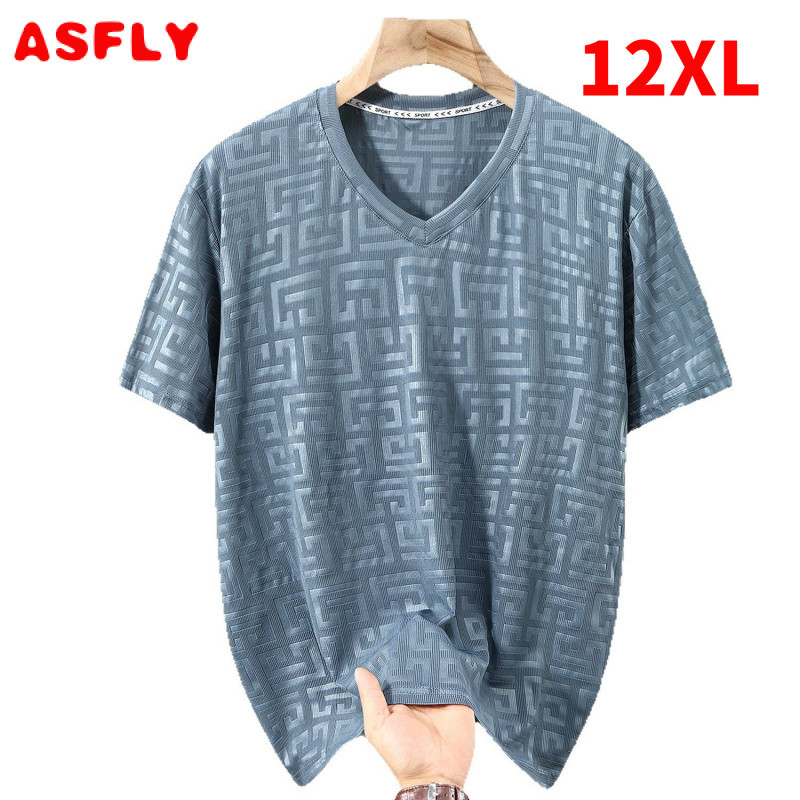 ASFLY T-shirt Men 12XL Plus Size Summer New Short-Sleeved V-neck T-Shirt Loose Round Neck Quick ...