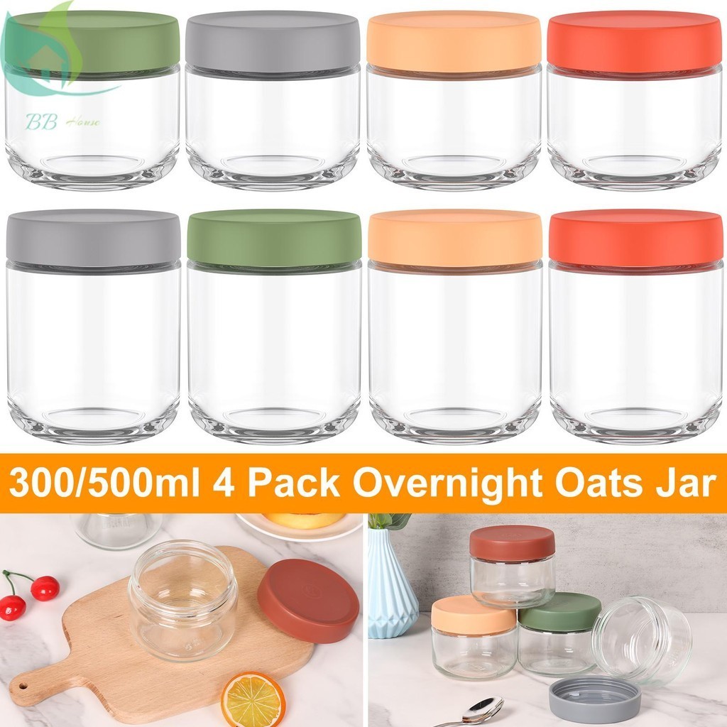 4Pcs Overnight Oats Jar 10oz / 16oz Overnight Oats Container with Sealed Lids Clear Glass Fruit ...