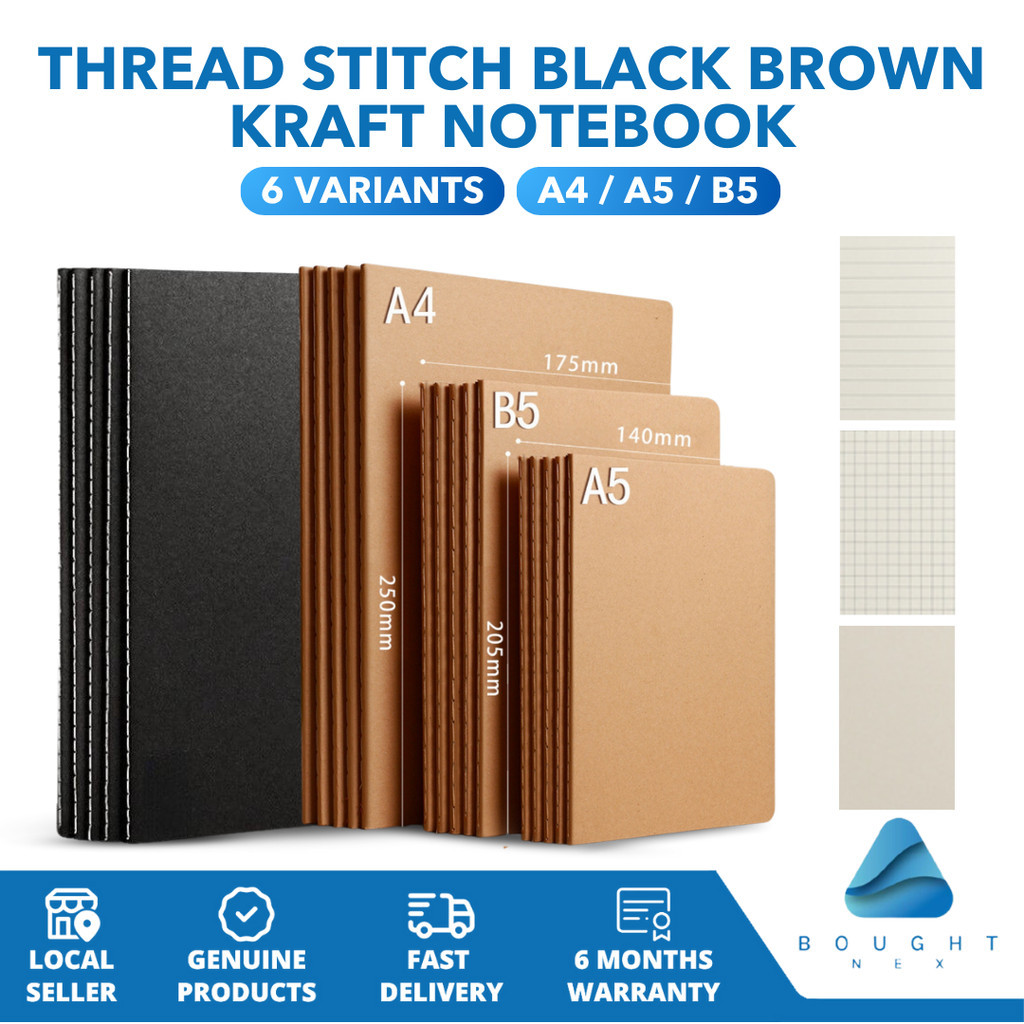Thread Stitch Black Brown Kraft Notebook A4/A5/B5 Blank Checkered ...