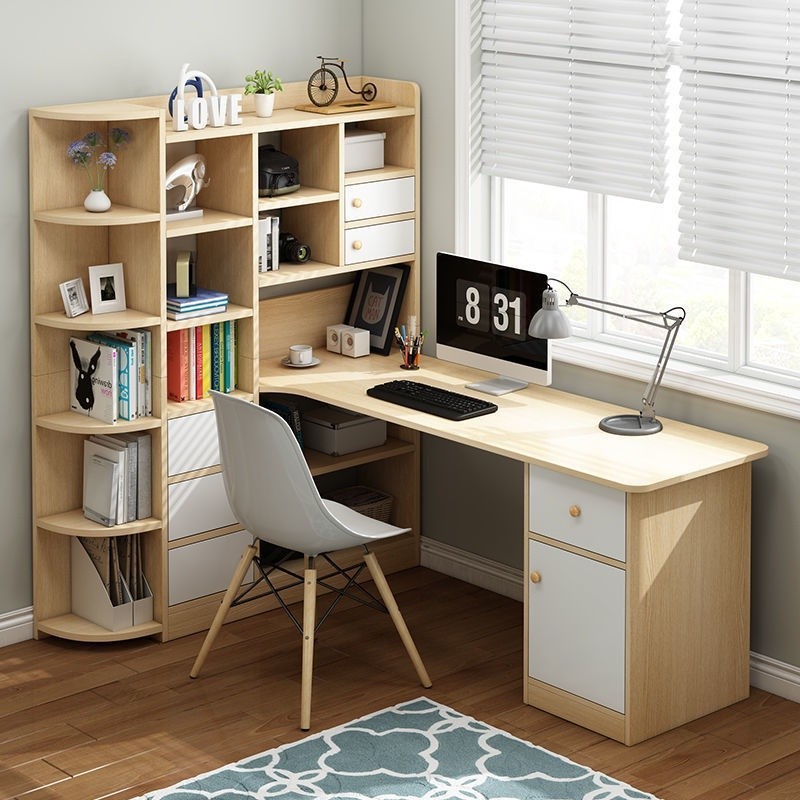 Corner Study Desk With Bookshelf Integrated Computer Desk Bookcase ...