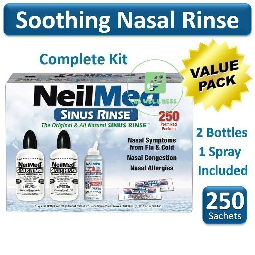 👍NeilMed Sinus Rinse Complete Kit 250 Premixed Packets Nasal Saline ...