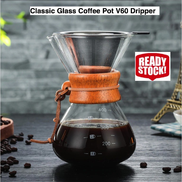 400ml Classic Glass Coffee Pot V60 Dripper with Wooden Handle Pour Over ...
