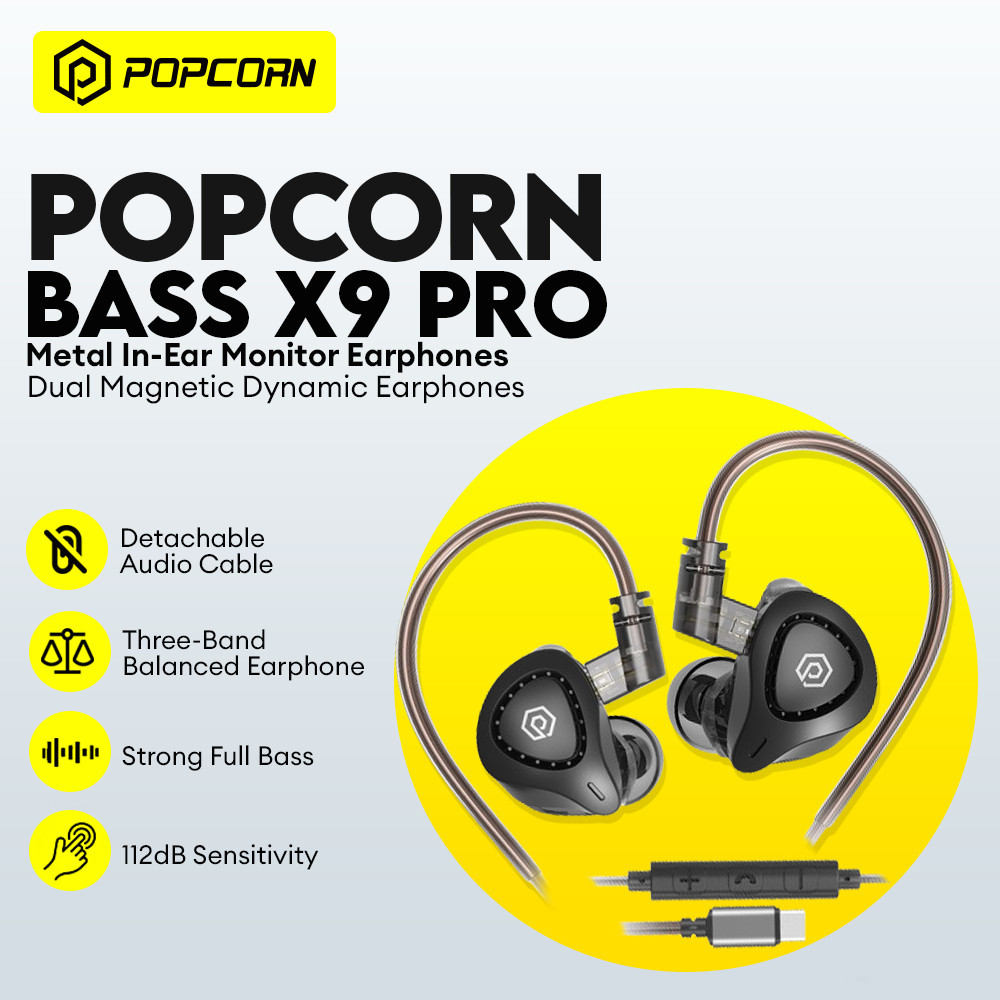 Popcorn BASS X9 Pro Dual Magnetic Circuit Dynamic Unit Ear Earphone ...