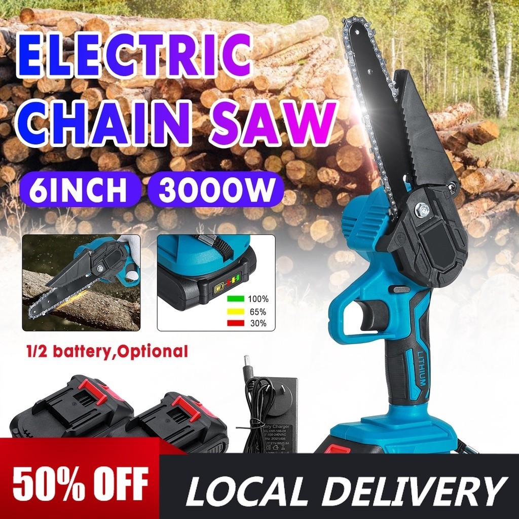 Mini One-Hand Cordless Electric Chain Saw with 2 Battery Woodworking ...