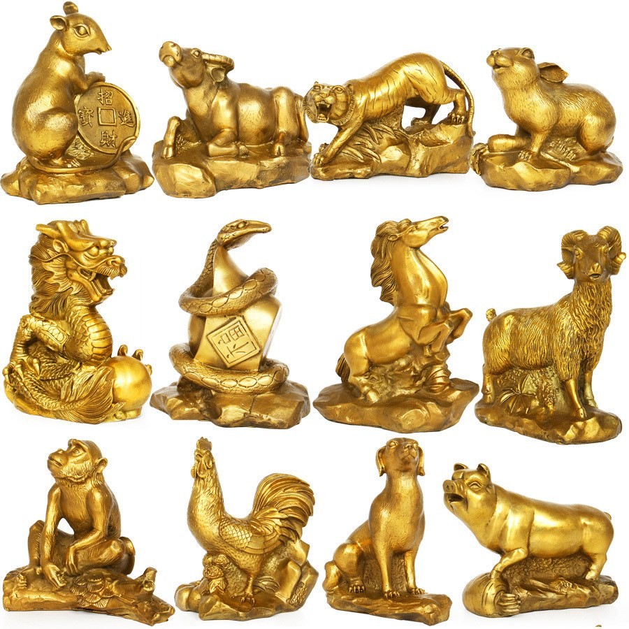 Brass Zodiac Figurines Gold Rat Ox Tiger Rabbit Dragon Snake Horse ...