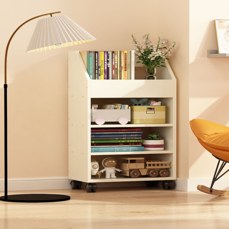 Bookshelf Floor Storage Rack Movable Wooden Bookcase with Wheels under ...