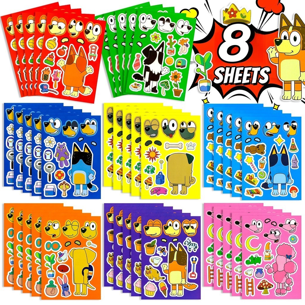 8 Sheets Anime Bluey Make A Face Children Funny DIY Stickers for Helmet ...