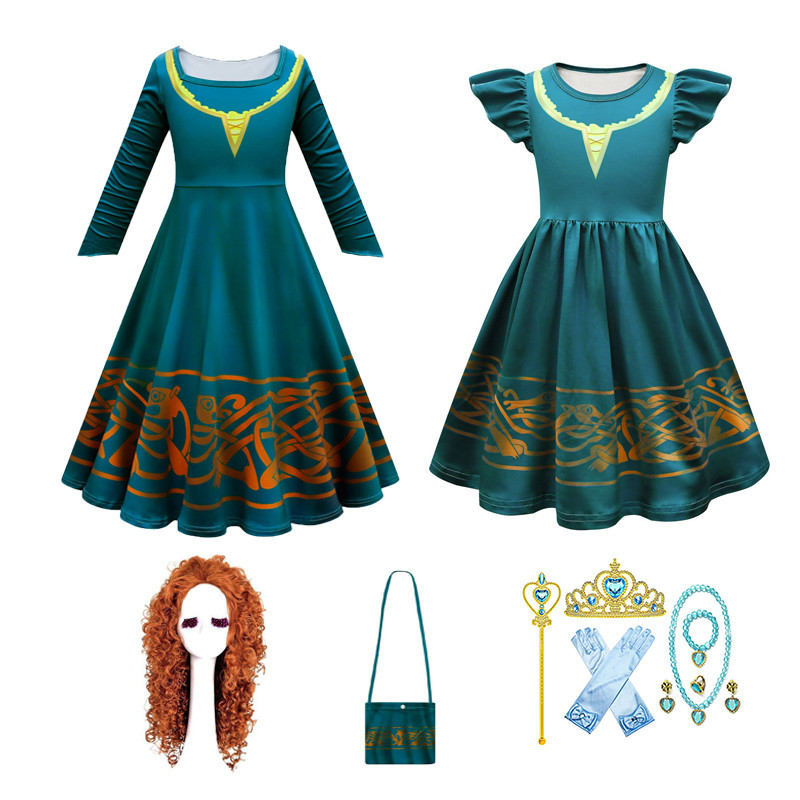 Brave Merida Cosplay Costume for Kids Girl Summer Dark Green Princess ...