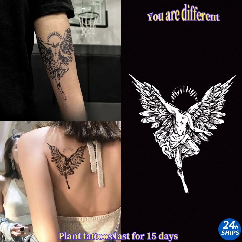 Double winged angel pattern tattoo sexy girl back plant tattoo ...
