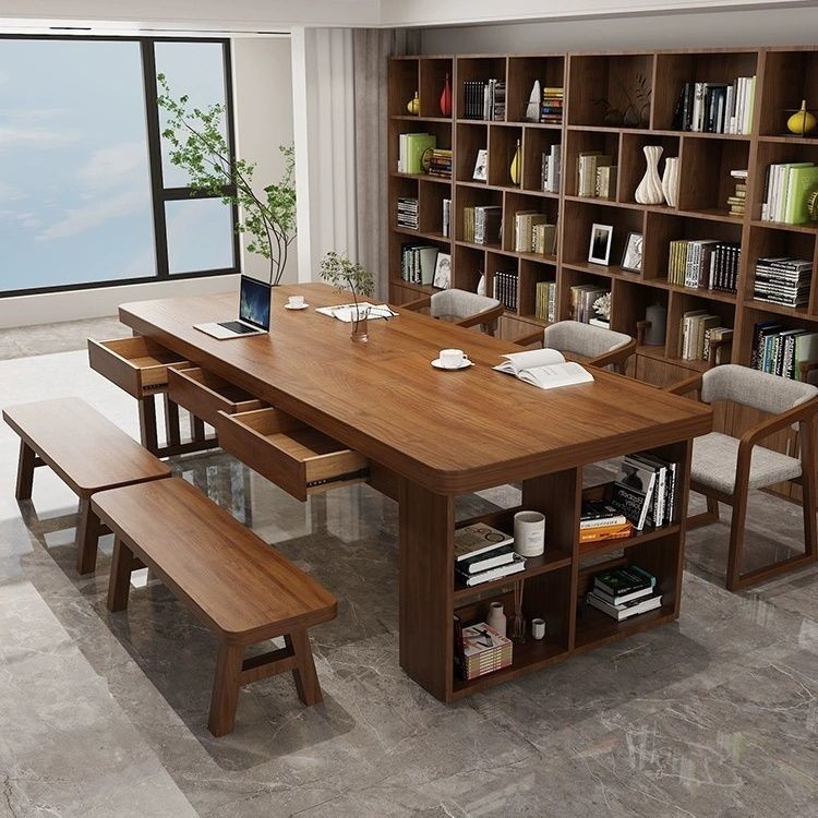 WK-6Living Room Solid Wood Large Long Desk Bookcase Integrated Writing ...