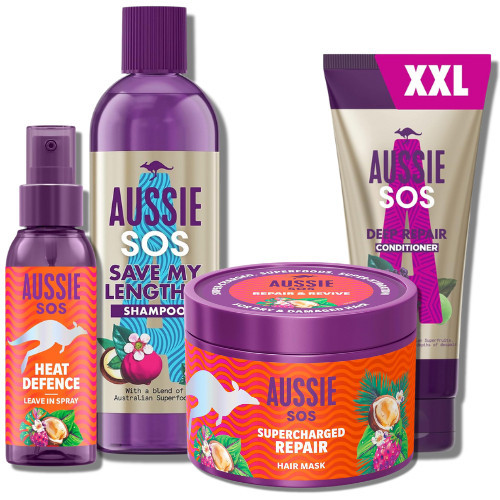 Aussie SOS Heat Defence Leave In Spray | Supercharged Repair Hair Mask ...