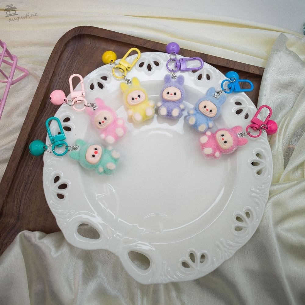AUGUSTINA Flocking Labubu Key Ring, Silica Gel Bell Sit Down Labubu ...