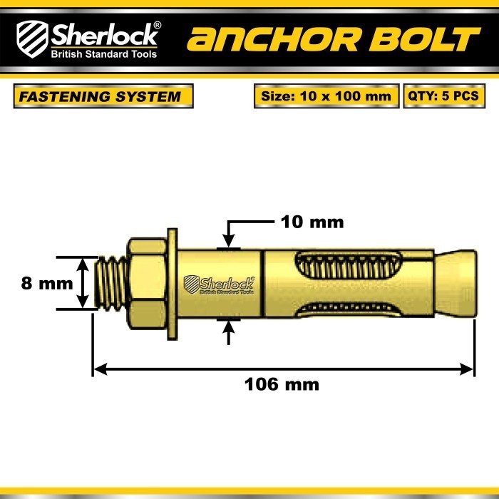 Sherlock Concrete Wall Anchor Bolts Anchor Bolts 10 x 100mm (5Pcs ...