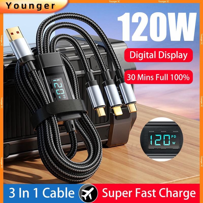 3 In 1 120W Intelligent Digital Display Charging Cable For ios15 Type c ...
