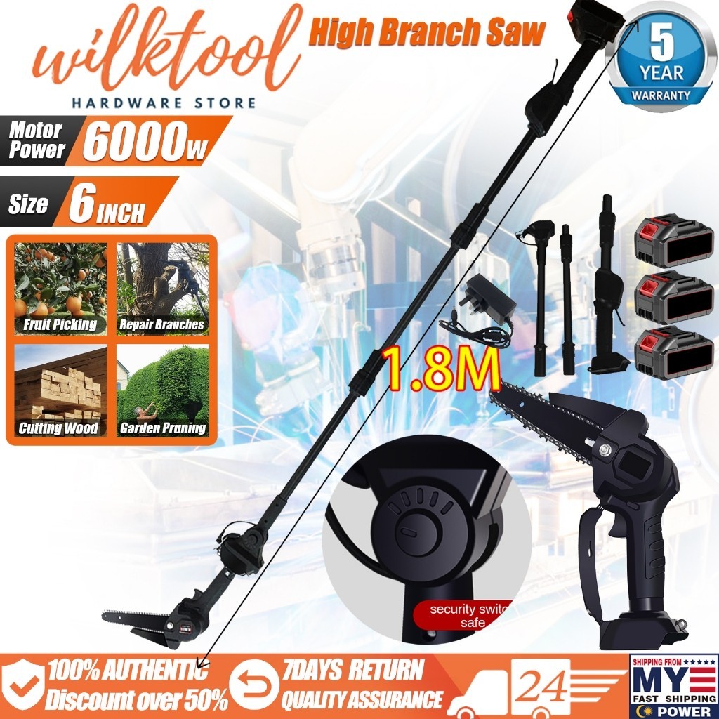 WilkTOOL 6 Inch 8000mAh Telescoping Pole Electric Chainsaw High Branch ...