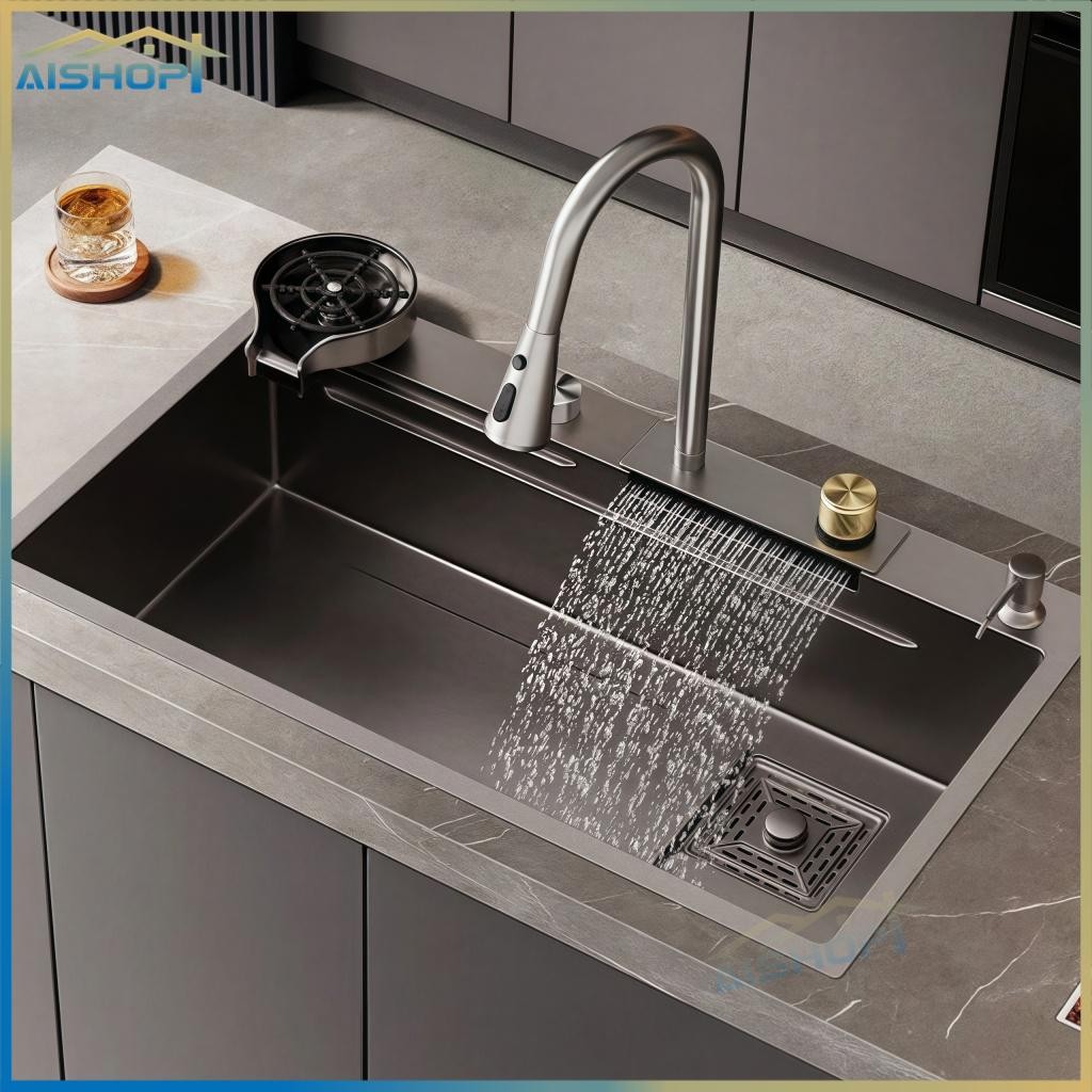 [SG Seller]304 Stainless Steel Waterfall Nano Kitchen Sink Single Basin ...