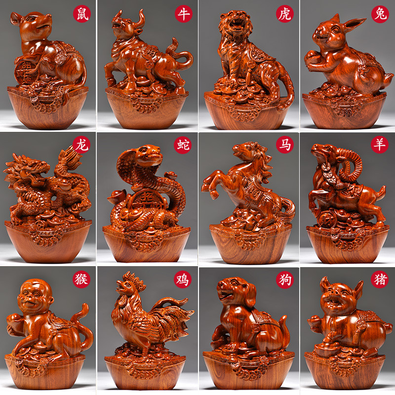 Rosewood Carved Zodiac Figurines Set Solid Wood Rat Ox Tiger Rabbit ...
