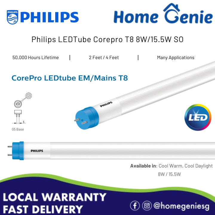 Philips Light Tube T8 CorePro LEDtube SO 8W (2ft) / 15.5W/ 16W (4ft) // Cool White 40K / Cool ...