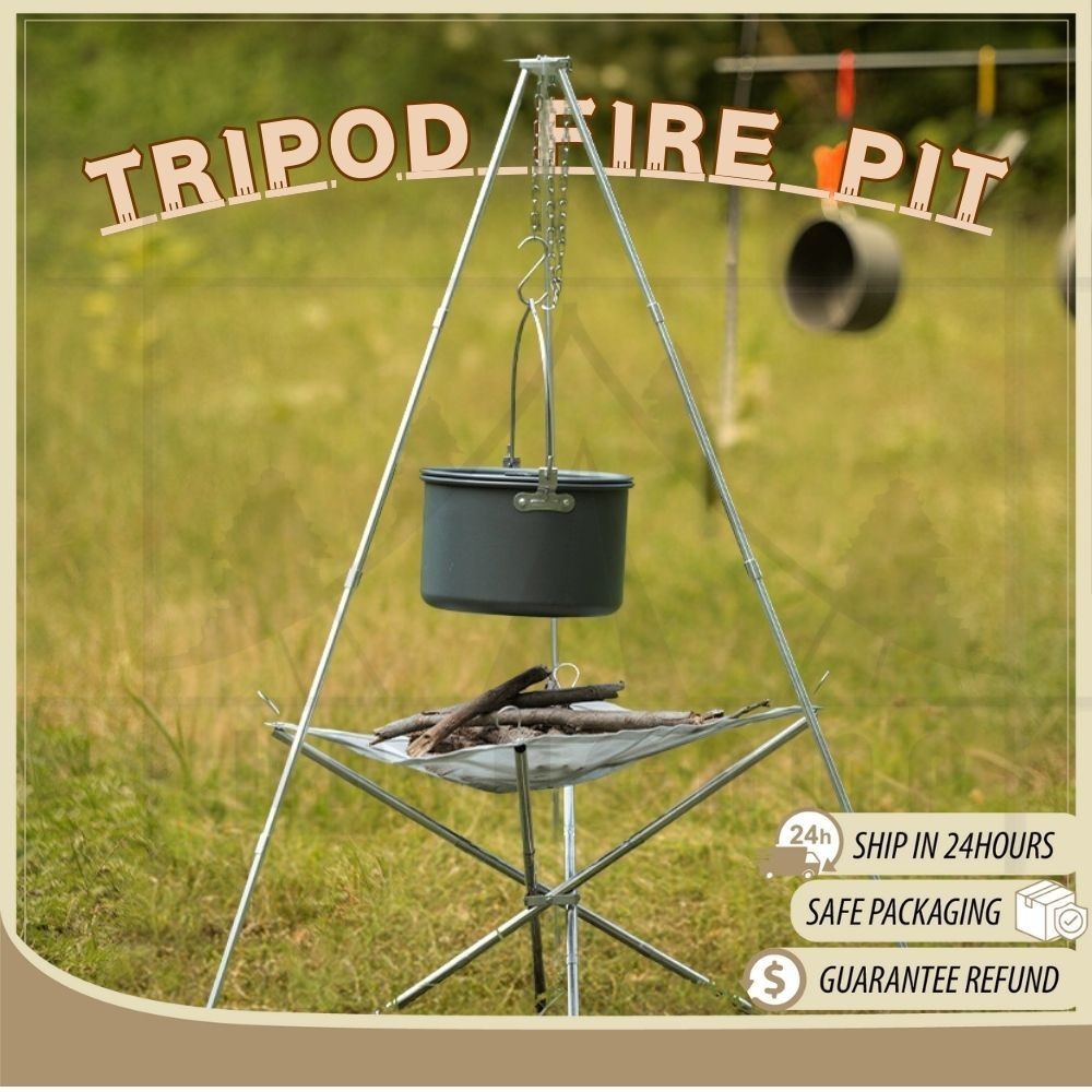 Foldable Outdoor Tripod Fire Pit Hanging Pot Holder Triangle Bonfire ...