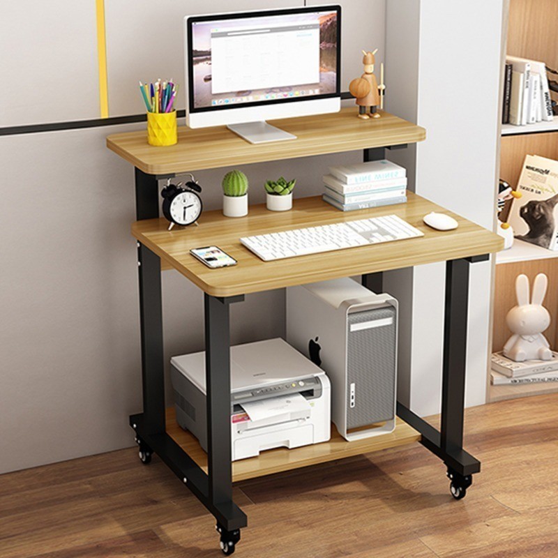 Double Layer Computer Desk Bedroom Office Table Movable Desk With Shelf ...
