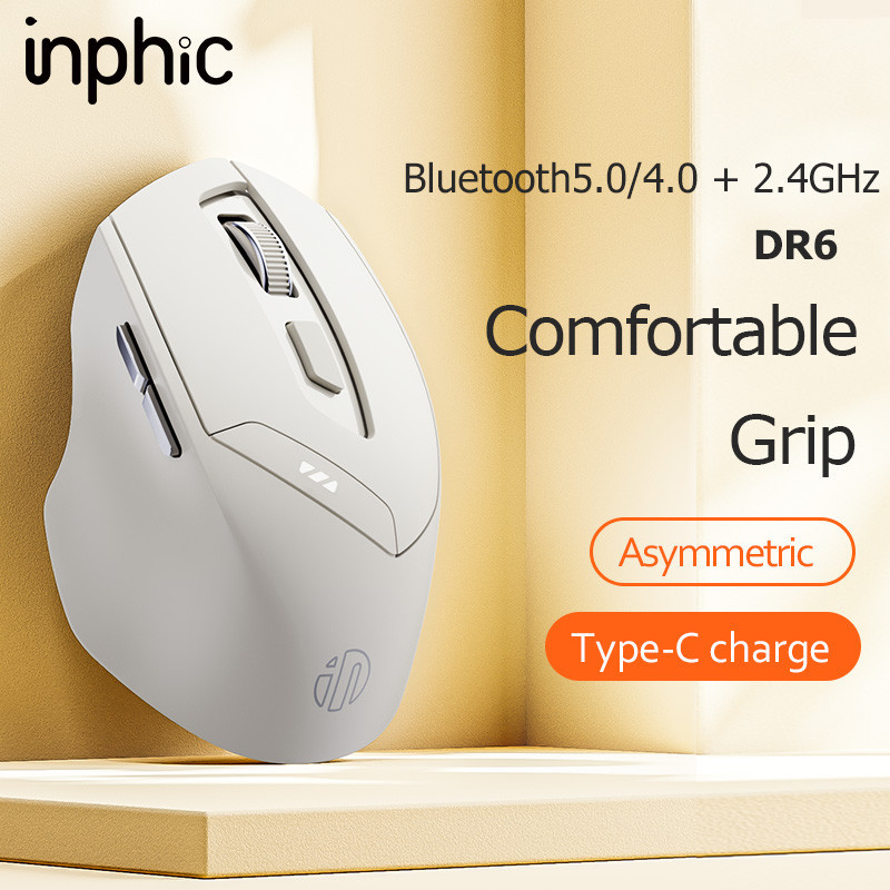 Inphic DR6 Bluetooth Mouse Rechargeable 2.4G Bluetooth 5.0/4.0 Tri-Modes Wireless Mouse Mute ...