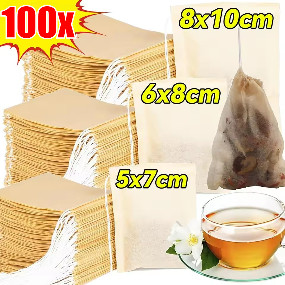 100Pcs Tea Filter Bags Drawstring Spice Coffee Herb Loose Empty Teabags ...