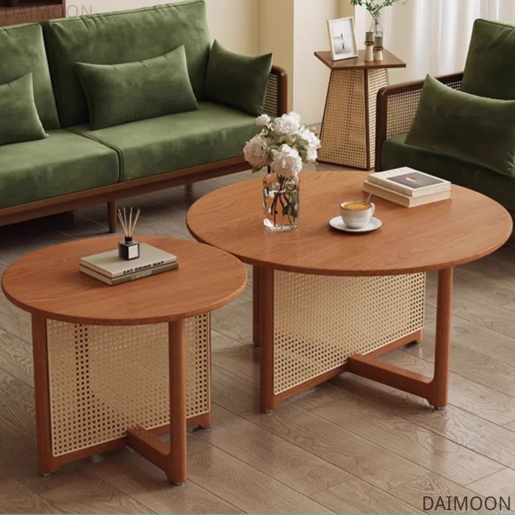 Japanese Vintage Style Balcony Rattan Wood Round Coffee Table Side ...
