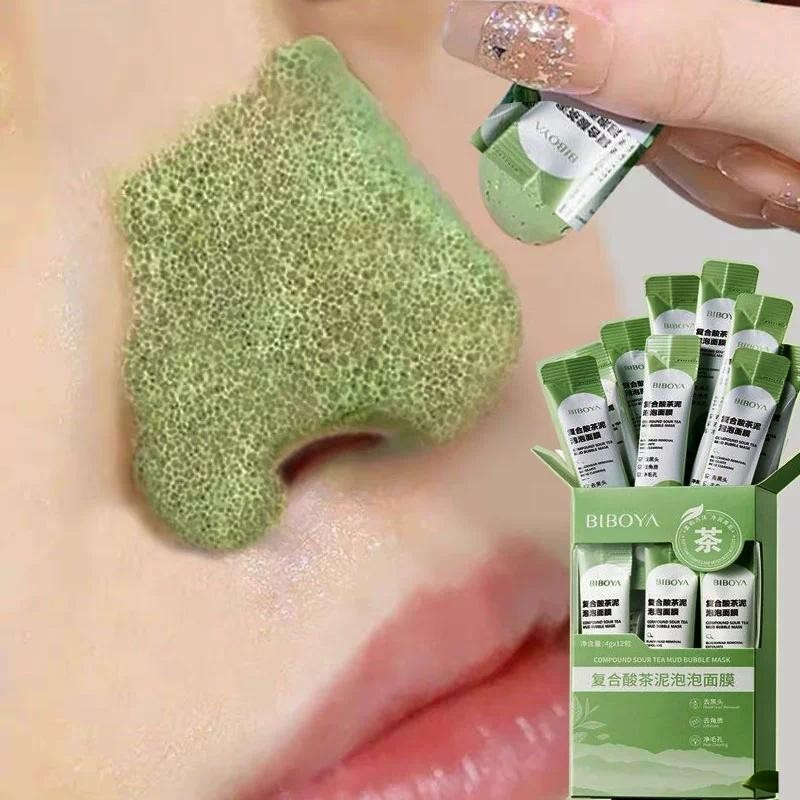 BIBOYA Compound Sour Tea Mud Bubble Mask 12PCS Clean Face Greasy Reduce ...
