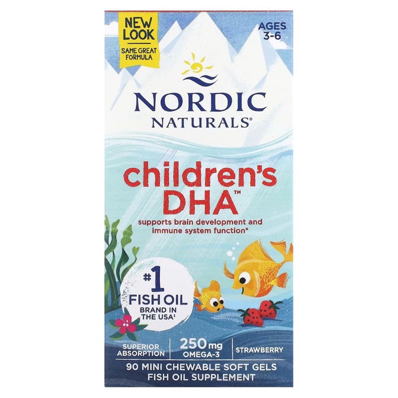 Nordic Naturals Children's DHA Strawberry Omega-3 250 mg 90 Mini SoftGels Kids healthy brain ...