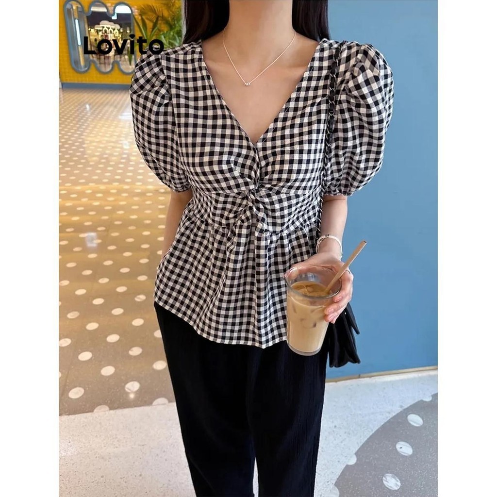 Lovito Casual Checkerboard Pattern Blouse for Women LNE57724 | Shopee ...