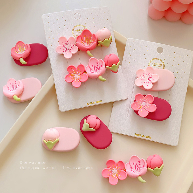 4-piece set of pink flower hair clips, bangs hair clips, beautiful ...