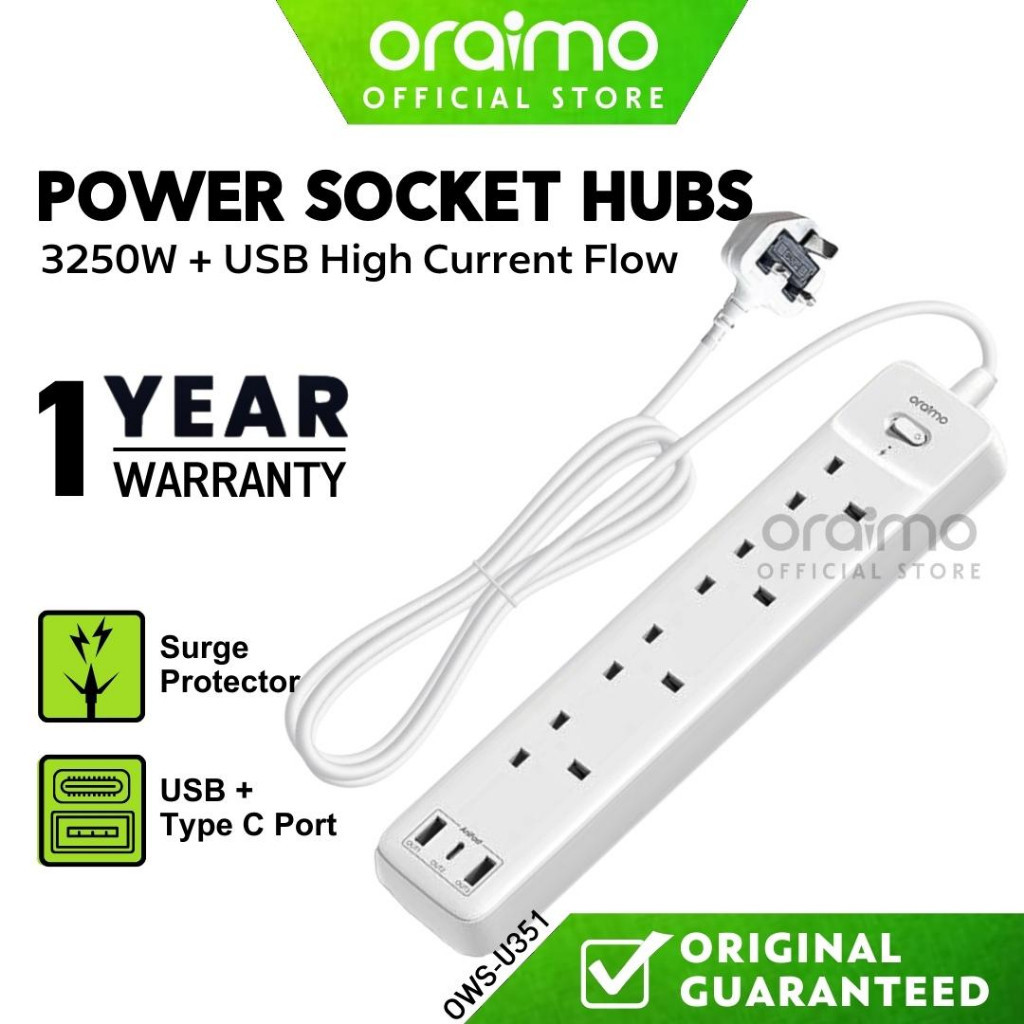 ORAIMO Power Strip 3250W Extension Wire Plug Surge Protector With USB C ...