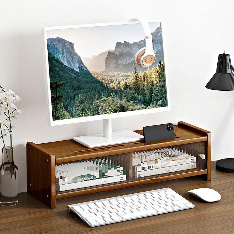 Desktop Computer Riser Monitor Stand with Drawer Solid Wood Desktop ...