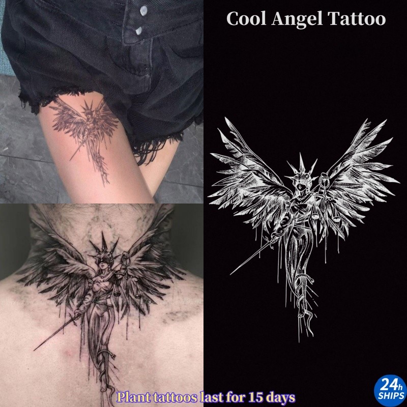 Black Double winged Angel Pattern Tattoo Sexy Girl Leg Plant Tattoo ...