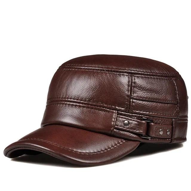 Winter Genuine Leather Cap Men's Flat Caps Army Military Hat Elegant ...