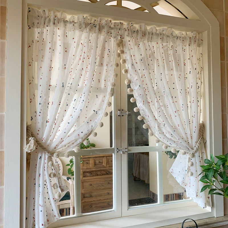 Boho Rainbow Sheer Curtain with White Pom Pom Voile Drapes Light ...