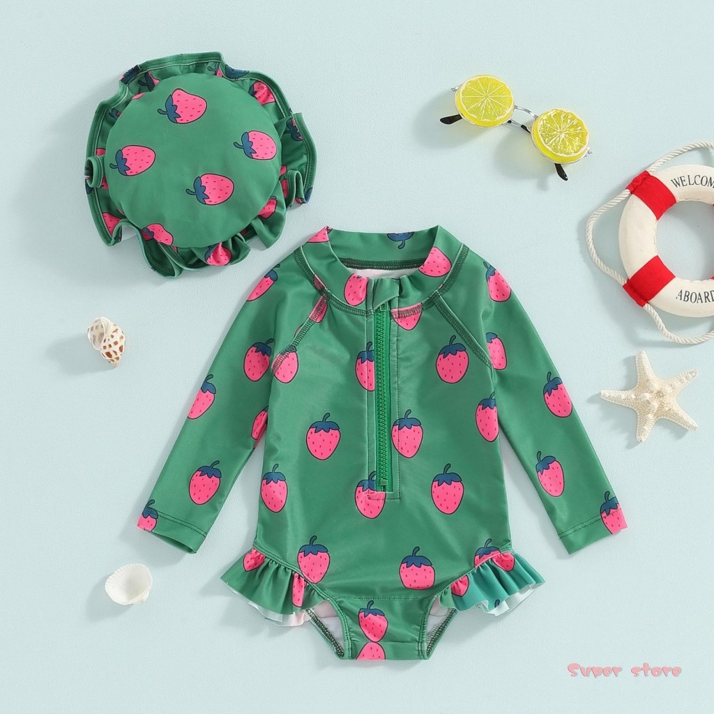 Toddler Baby Girl Rash Guard Strawberry Print Long Sleeve Ruffle Swimsuit Zipper Bathing Suit ...