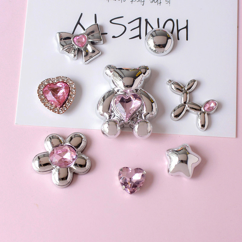 8PCS Electroplated Silver Bear Bubble Dog Flower Pink Love Diamond ...