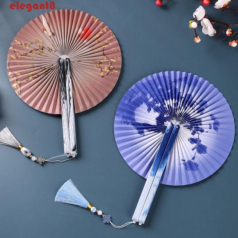 ELEGANT Foldable Paper Fan, Floral Pattern Handheld Round Paper Fan ...