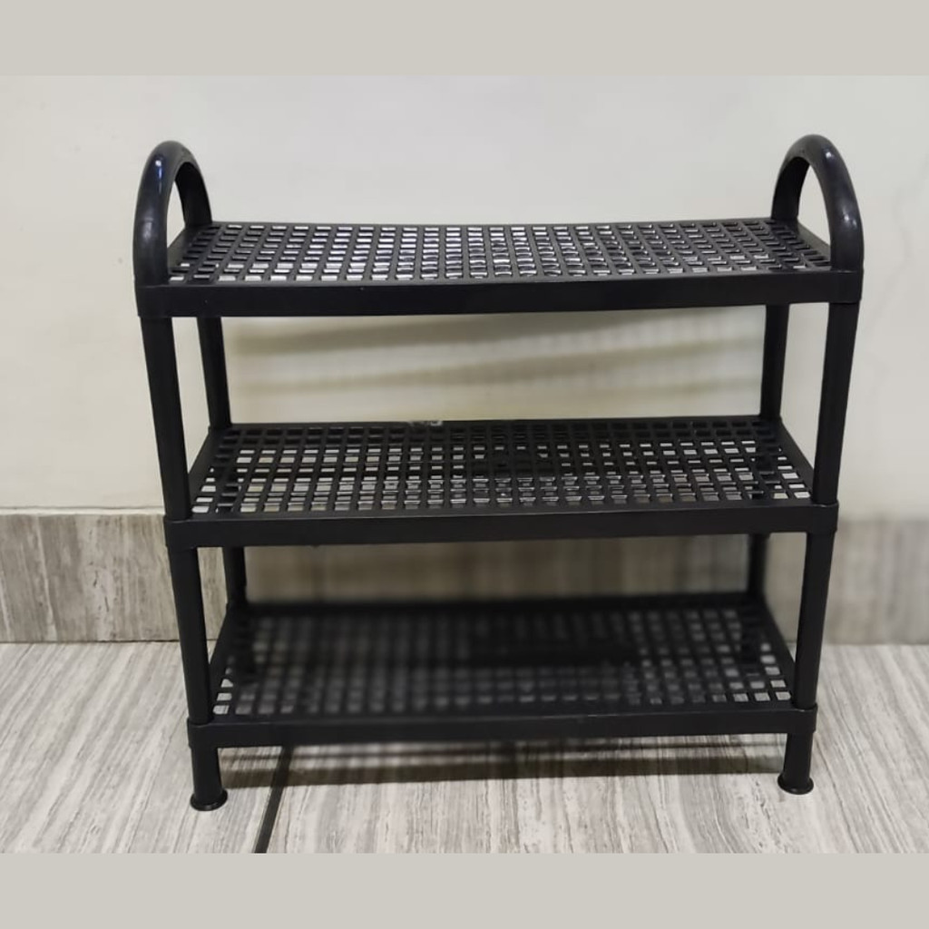 HITAM Contemporary minimalist 3-tier black plastic shoe rack, thick ...